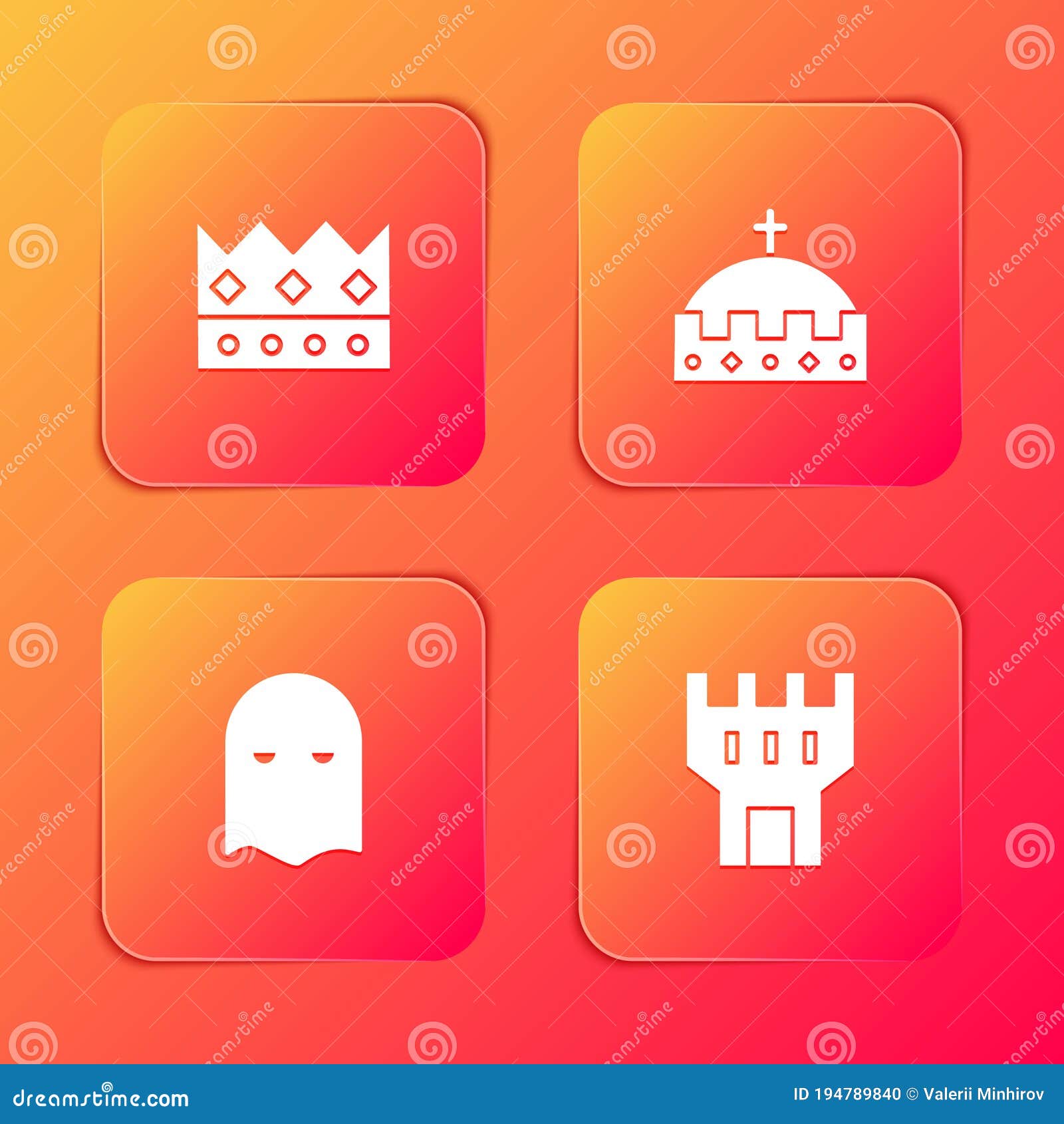 Set King Crown, , Executioner Mask and Castle Tower Icon. Vector Stock ...