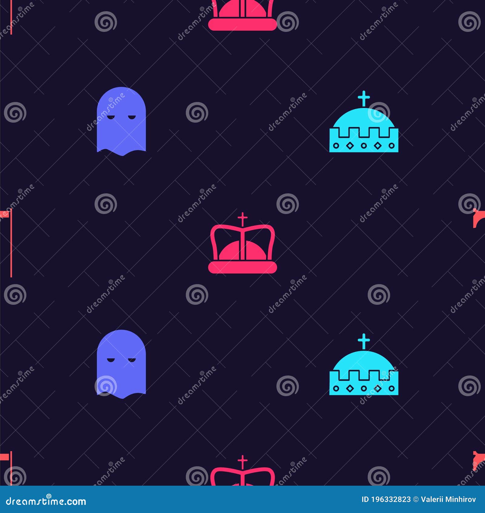 Set King Crown, Executioner Mask, and Medieval Axe on Seamless Pattern ...