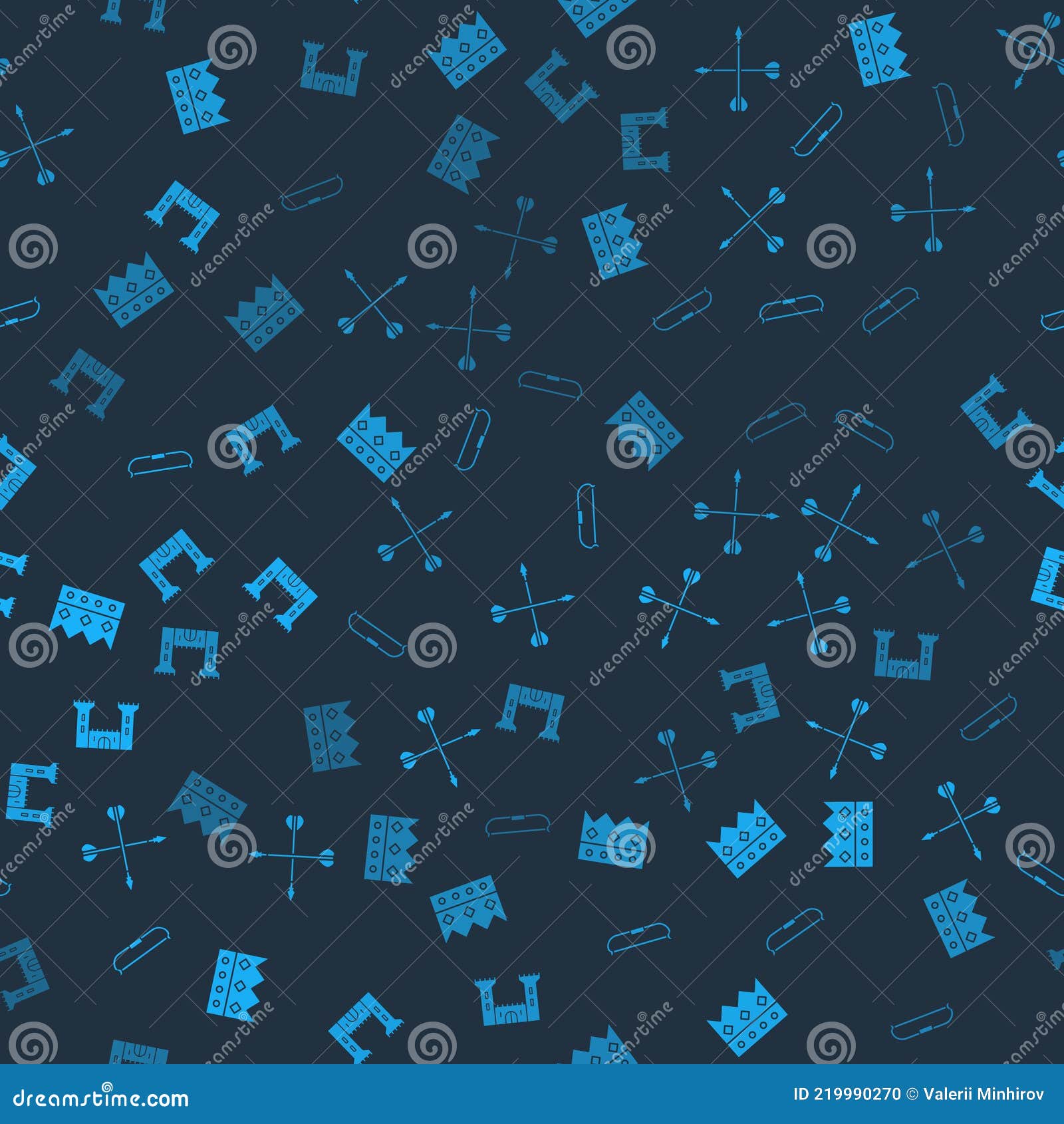 Set King Crown, Medieval Crossed Arrows, Bow and Castle on Seamless ...