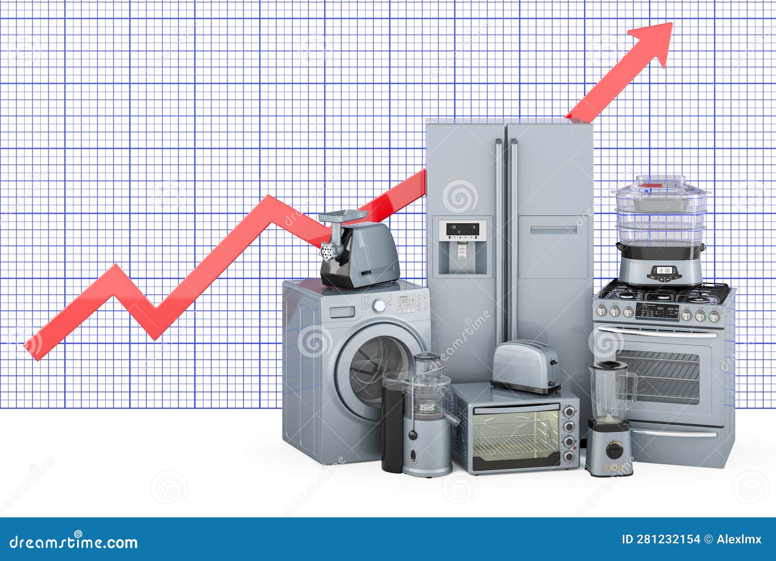 Set of Kitchen and Home Appliances with Growing Chart, 3D Rendering ...