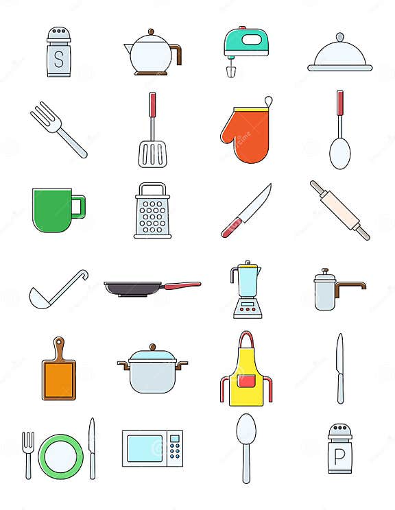 Set of kitchen items icons stock illustration. Illustration of coffee ...