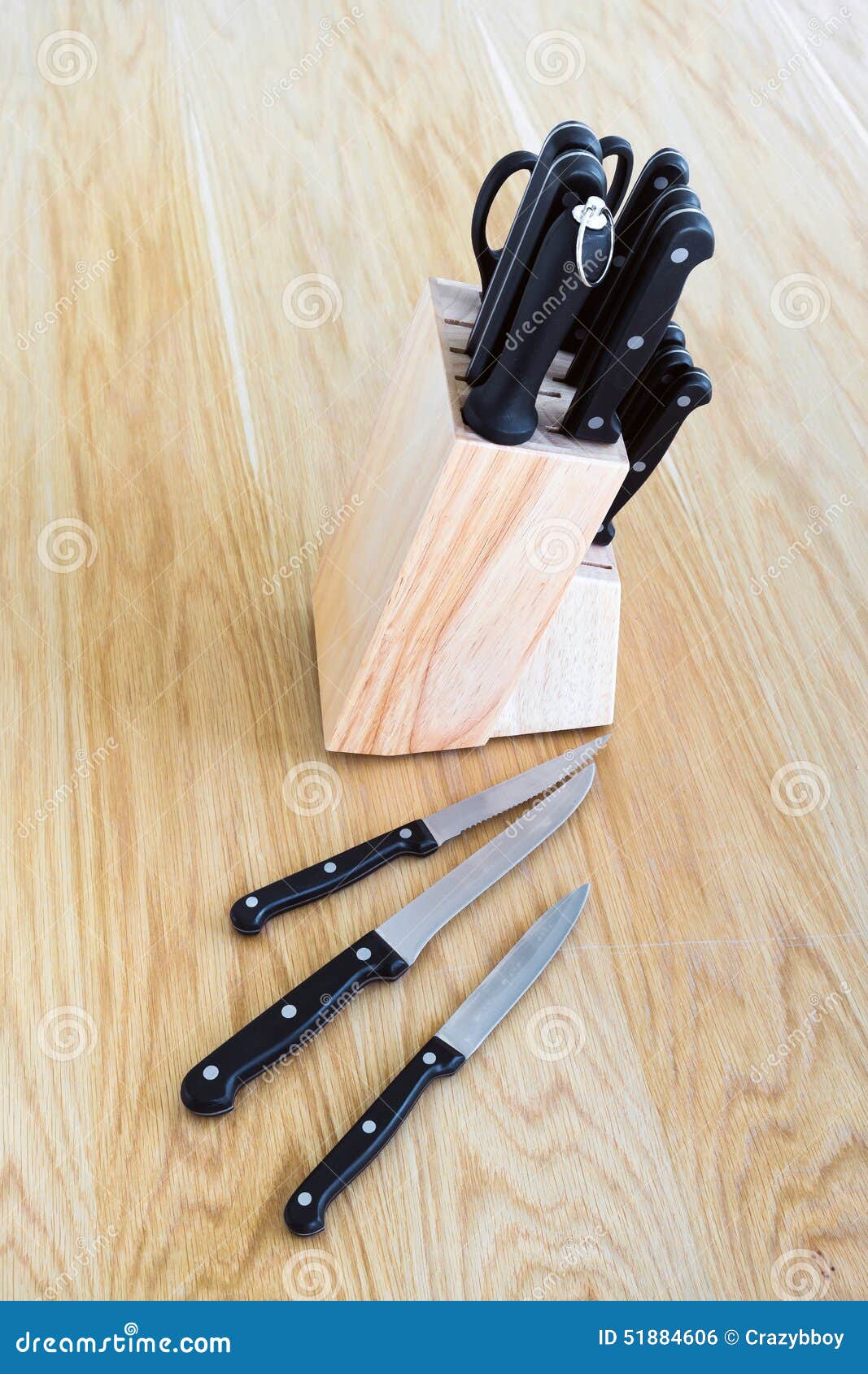 Set of Kitchen Knife on Wooden Table Stock Photo - Image of package ...