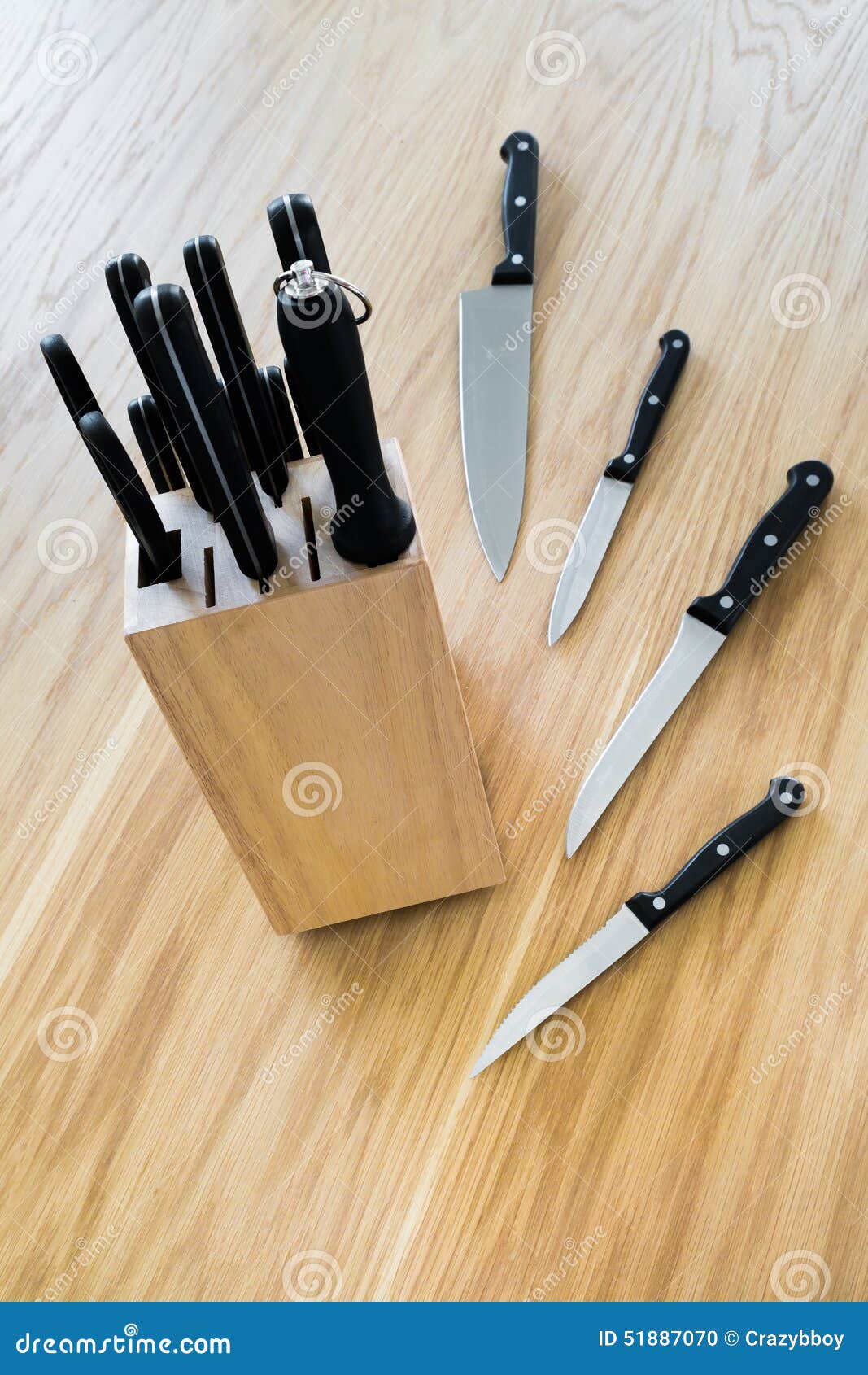 Set Of Kitchen Knife On Wooden Table Stock Photo - Image of blade ...