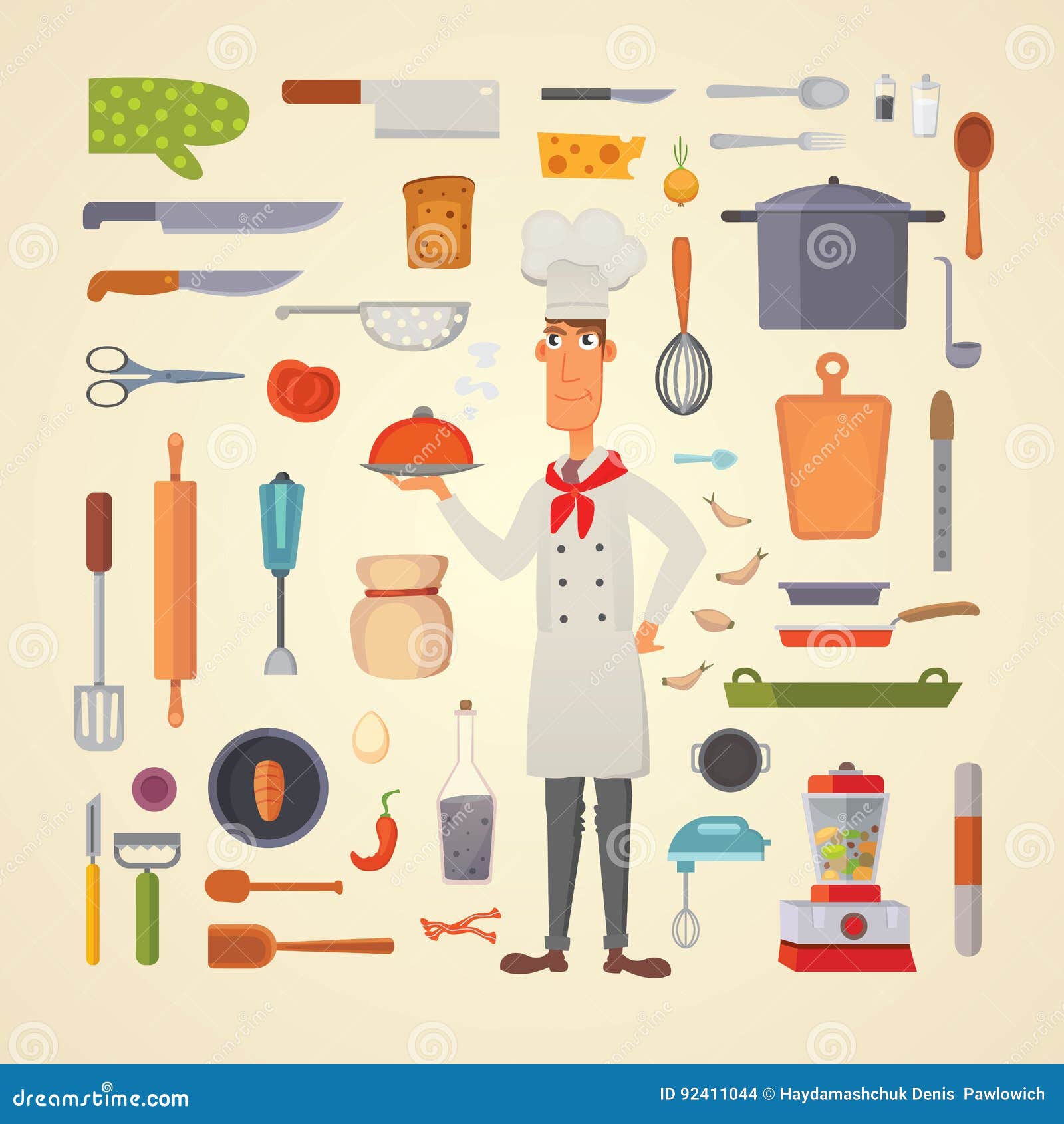 Set Kitchen Shelves and Cooking Utensils Vector. Chef Character Concept ...