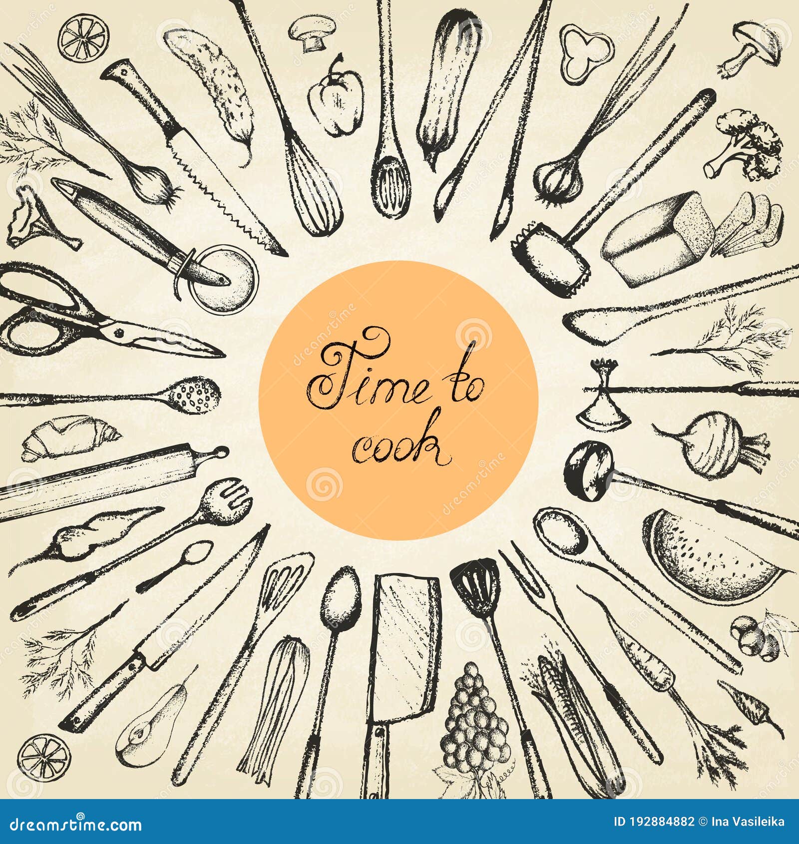 Set of Kitchen Tools and Hand-drawn Food. Stock Vector - Illustration ...