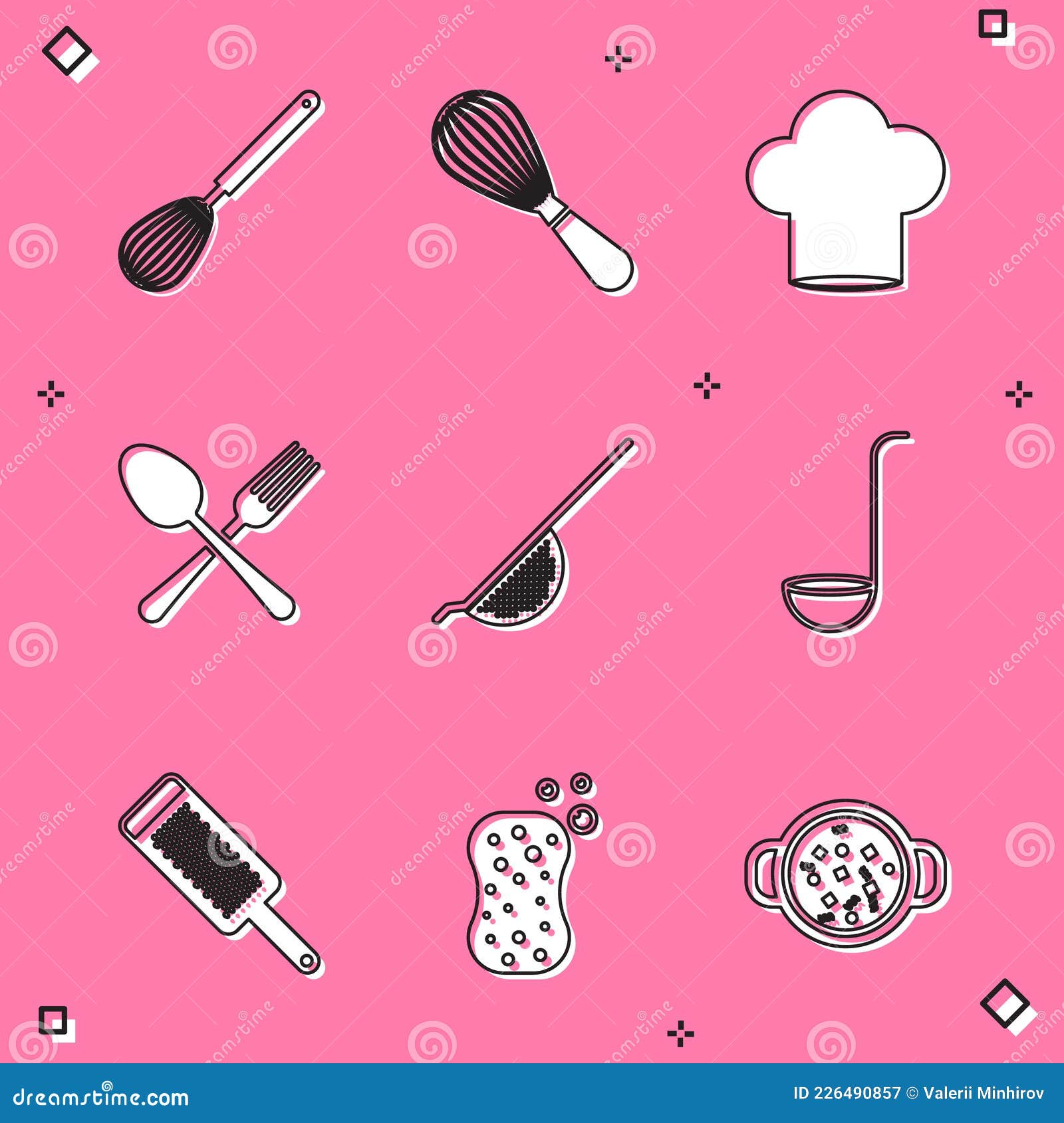 Set Kitchen Whisk, Chef Hat, Crossed Fork and Spoon, Colander, Ladle ...