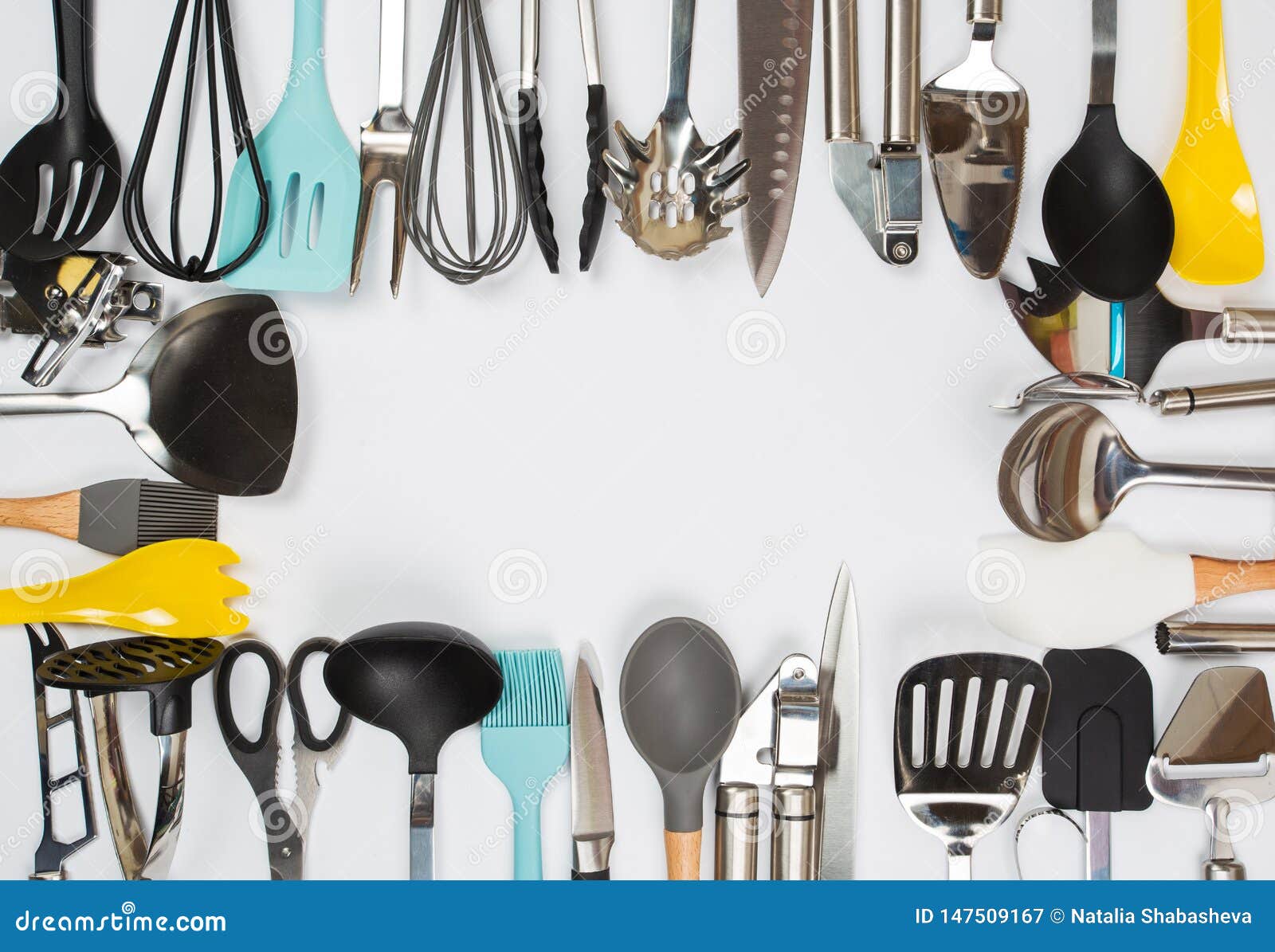 Different Kitchenware on a Gray Background Top View. Cooking Appliances ...