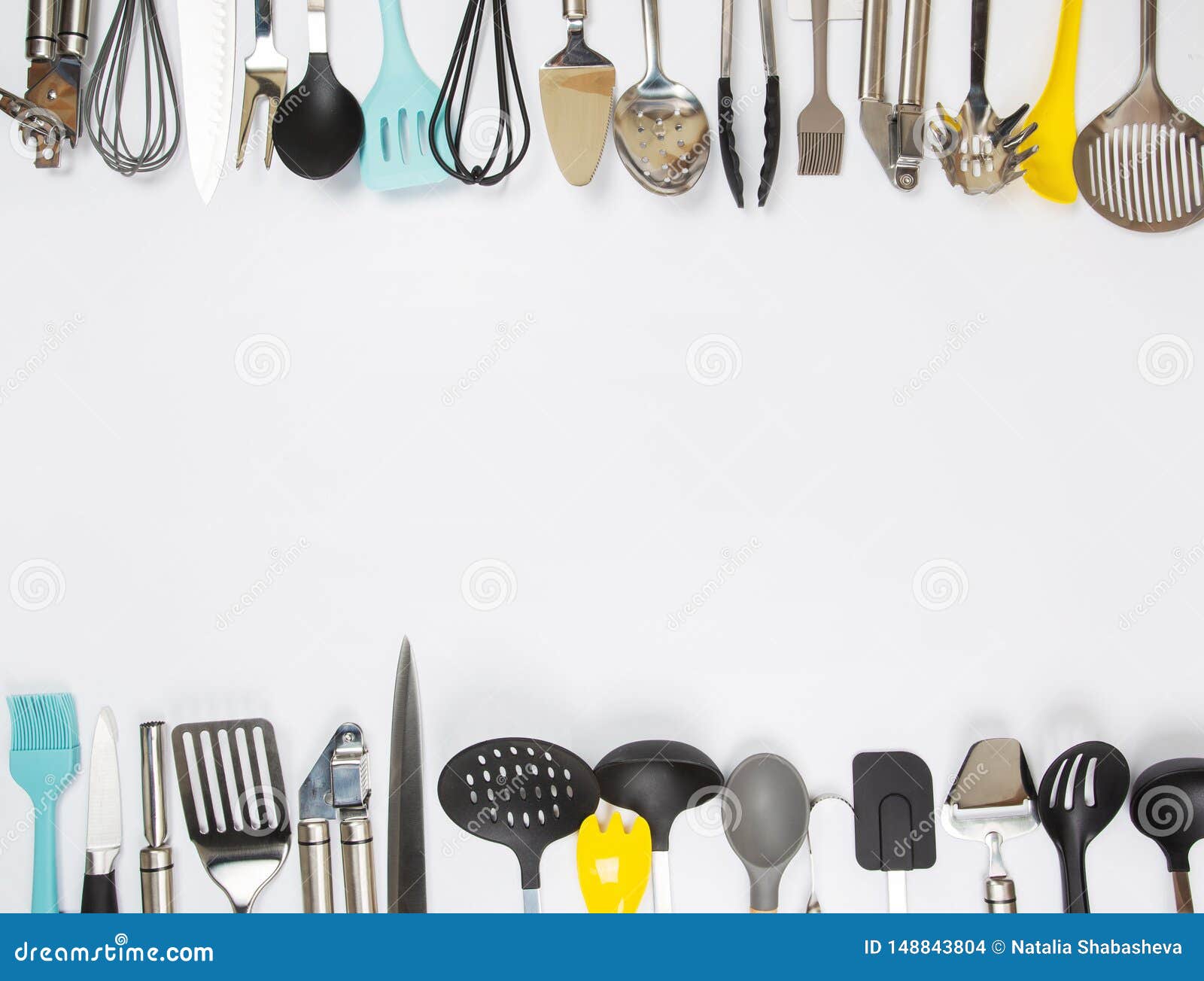 Different Kitchenware on a Gray Background Top View. Cooking Appliances ...