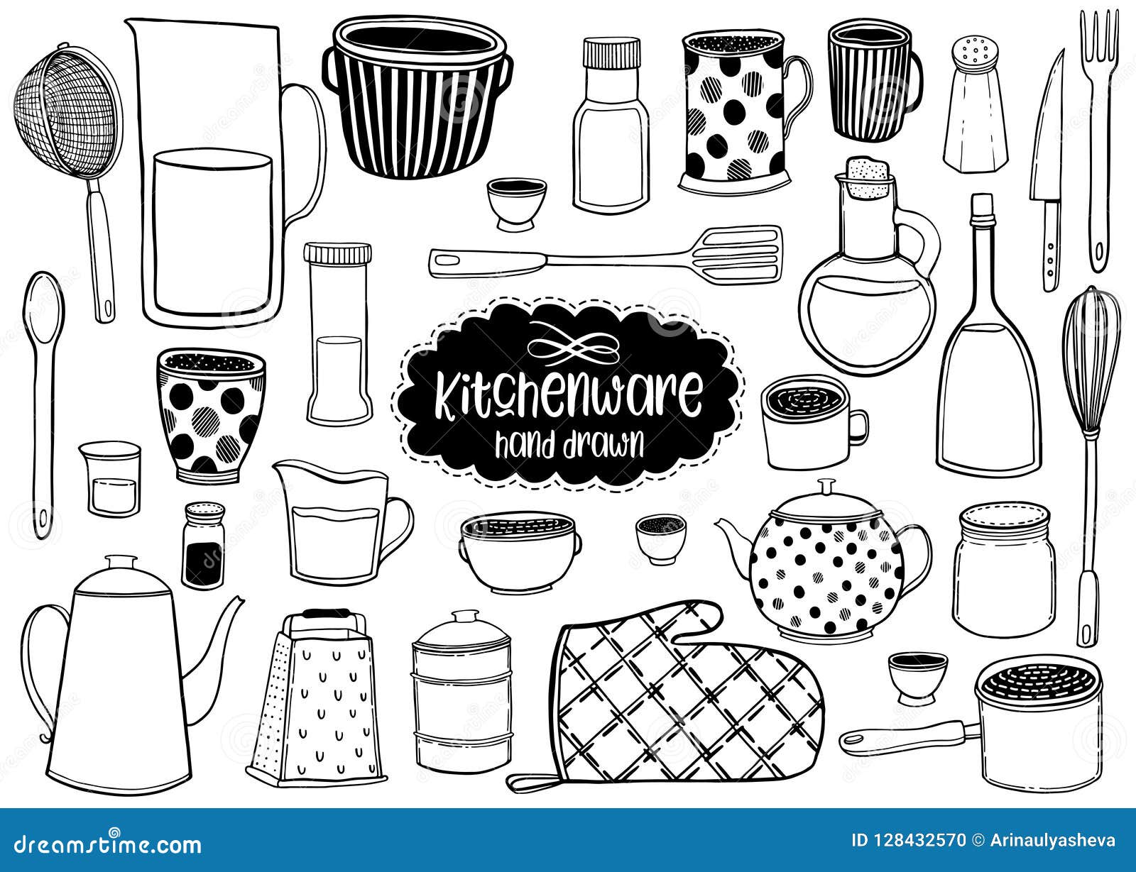 Set of Kitchenware and Utensils Hand Drawn Illustrations Modern Drawing ...