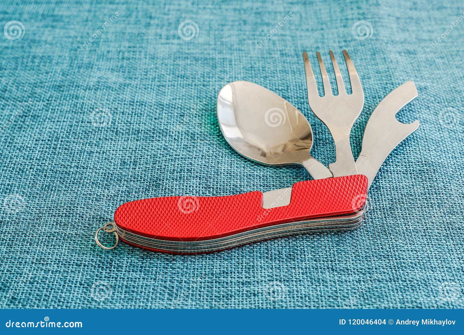 Set of Knife, Fork and Travel Spoon with Red Grip Stock Photo - Image ...