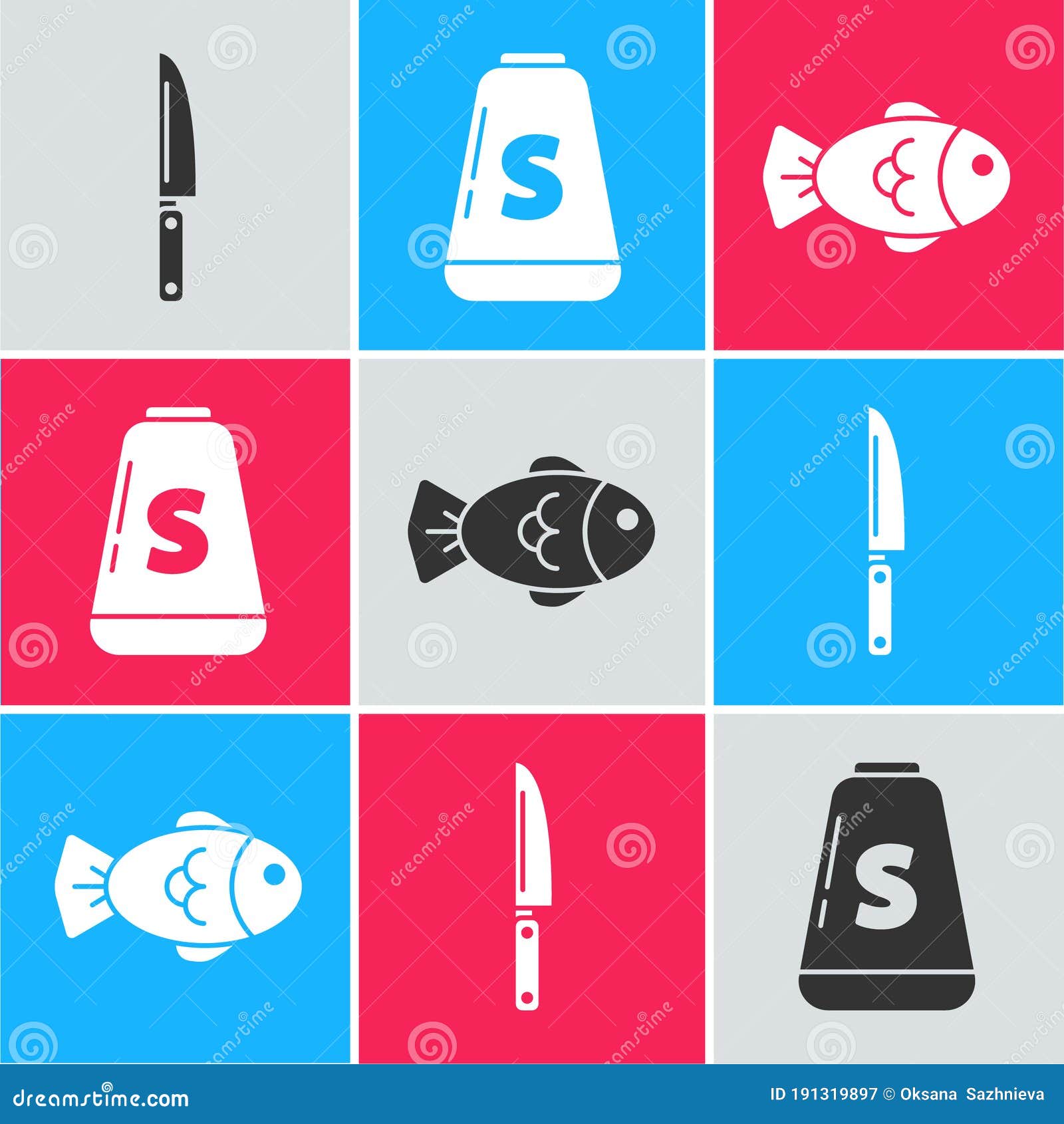 Set Knife, Salt and Fish Icon. Vector Stock Vector - Illustration of ...