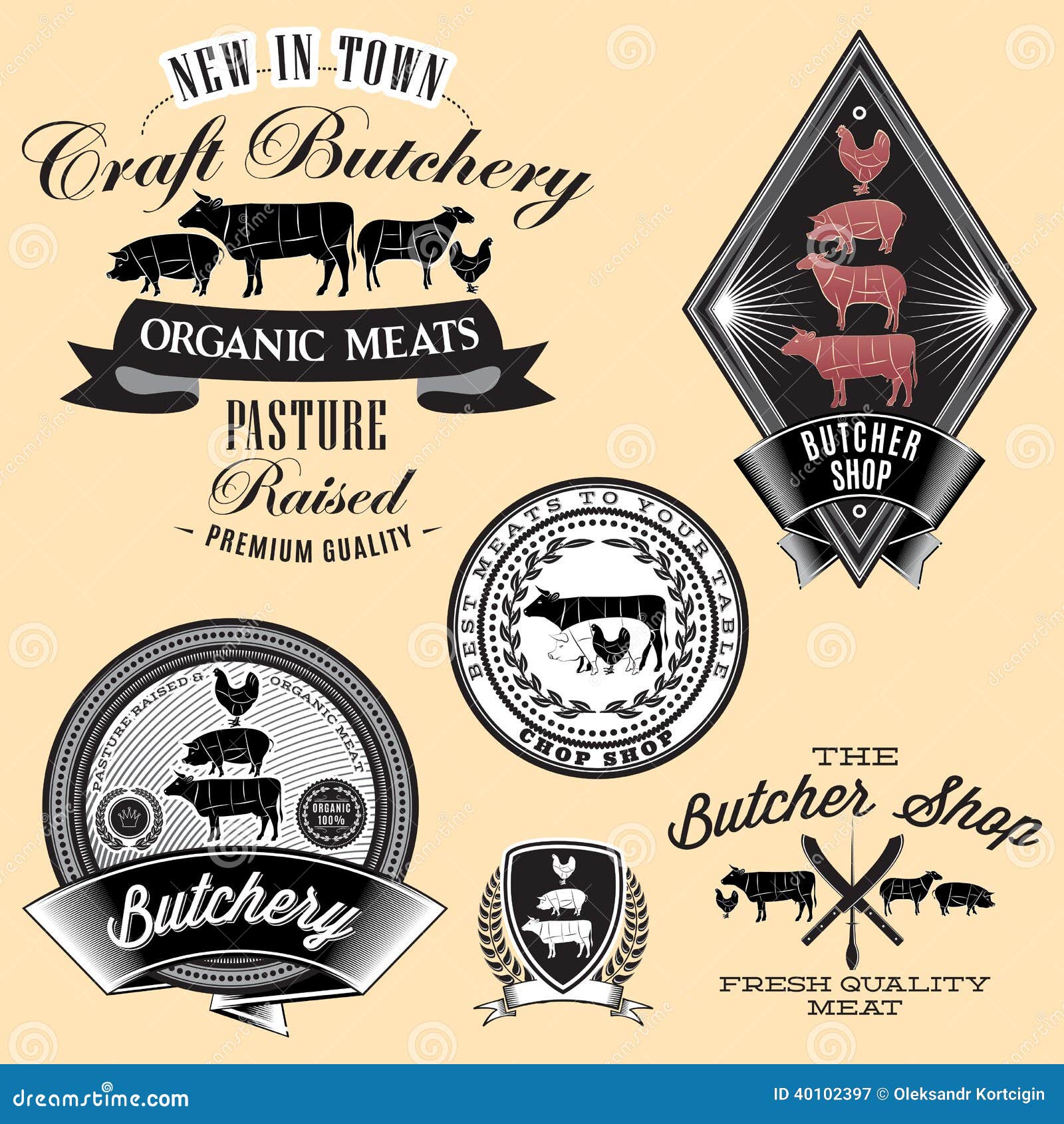 Set of Labels for Butcher on Brick Wall Stock Vector - Illustration of ...