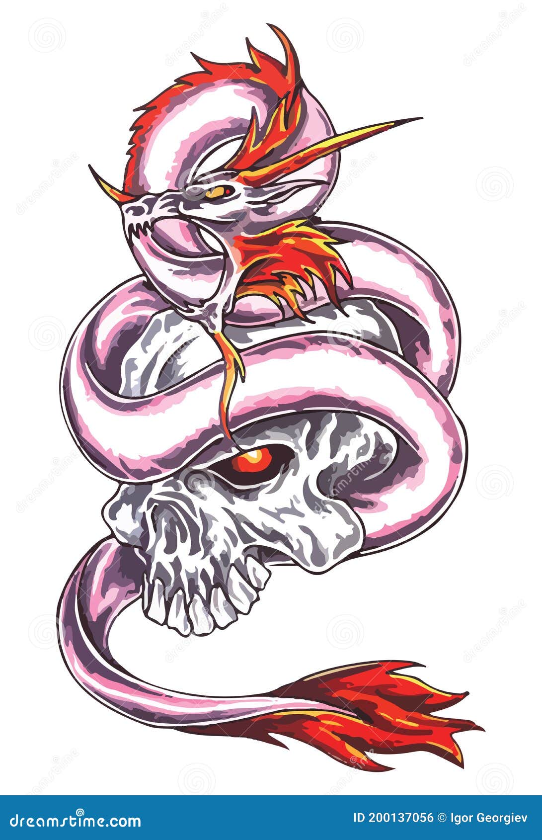 Dragon on Skull Tattoo Flash. Set of Labels and Elements. Vector Set ...