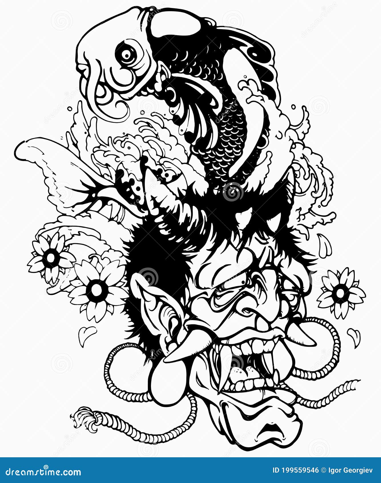 Japanese Demon Head Tattoo. Set of Labels and Elements. Vector Set ...