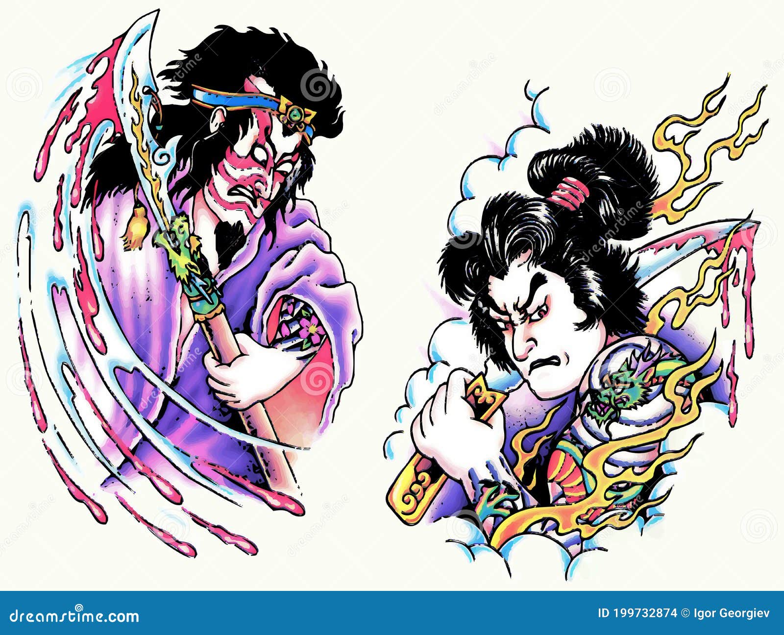 Japanese Samurai Tattoo Flash Set. Set of Labels and Elements. Vector ...