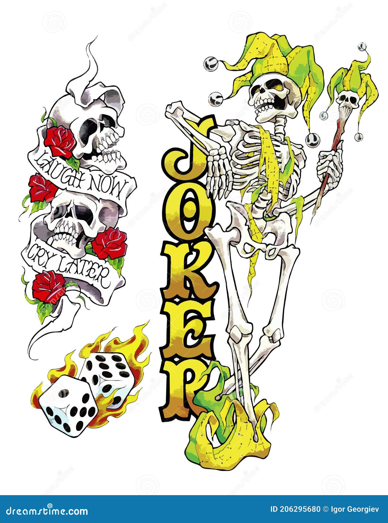 Joker Tattoo Flash Set. Set of Labels and Elements. Vector Set ...