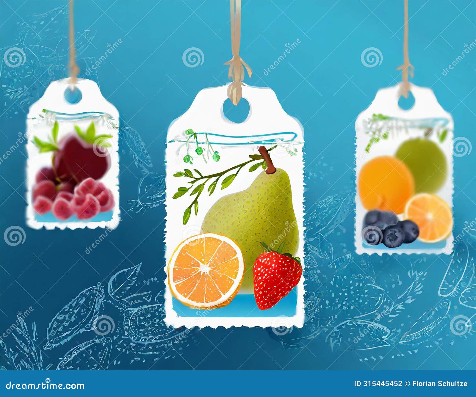 A Set of Labels for Fruits and Berries on a Blue Background. Labels ...