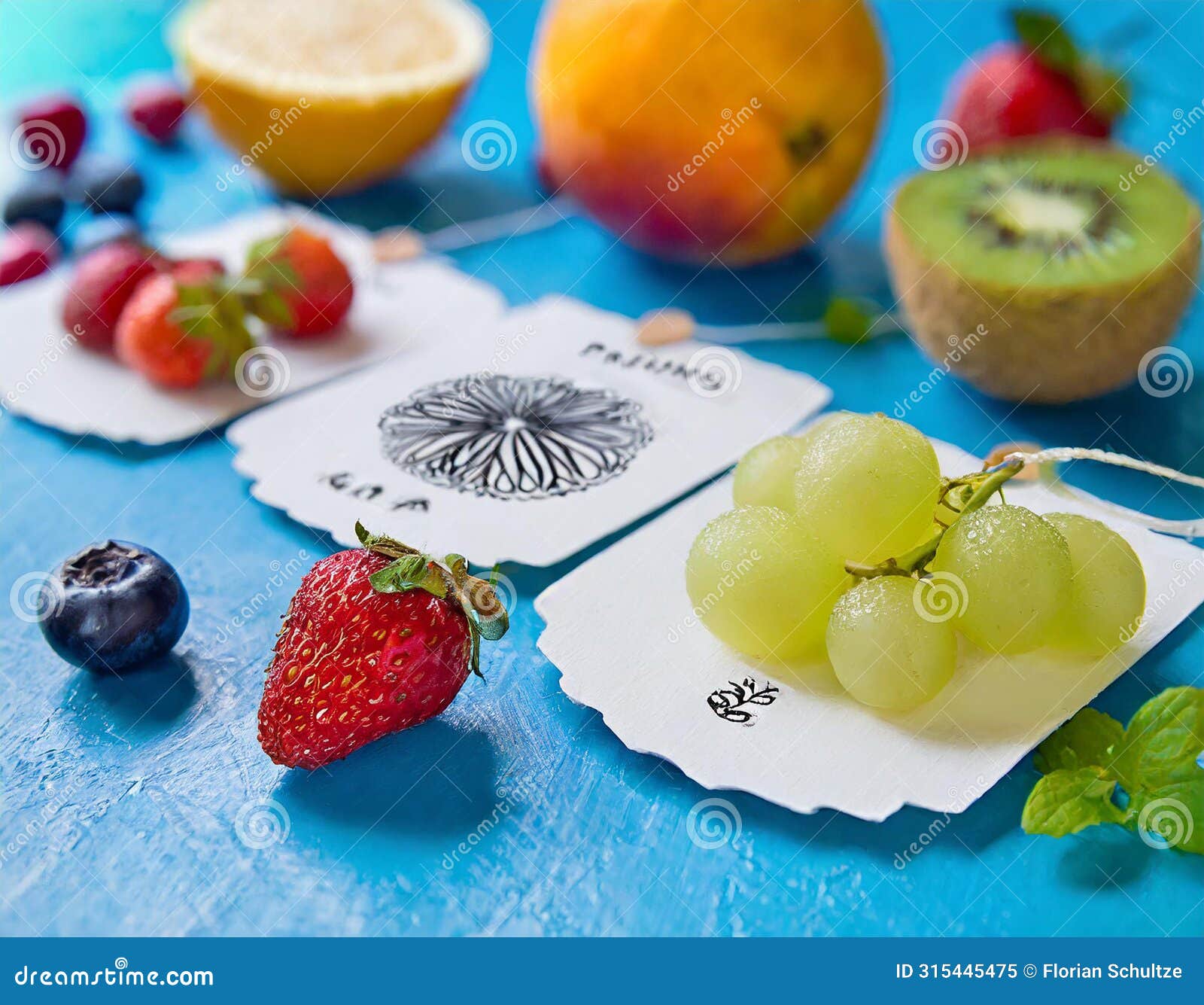 A Set of Labels for Fruits and Berries on a Blue Background. Labels ...