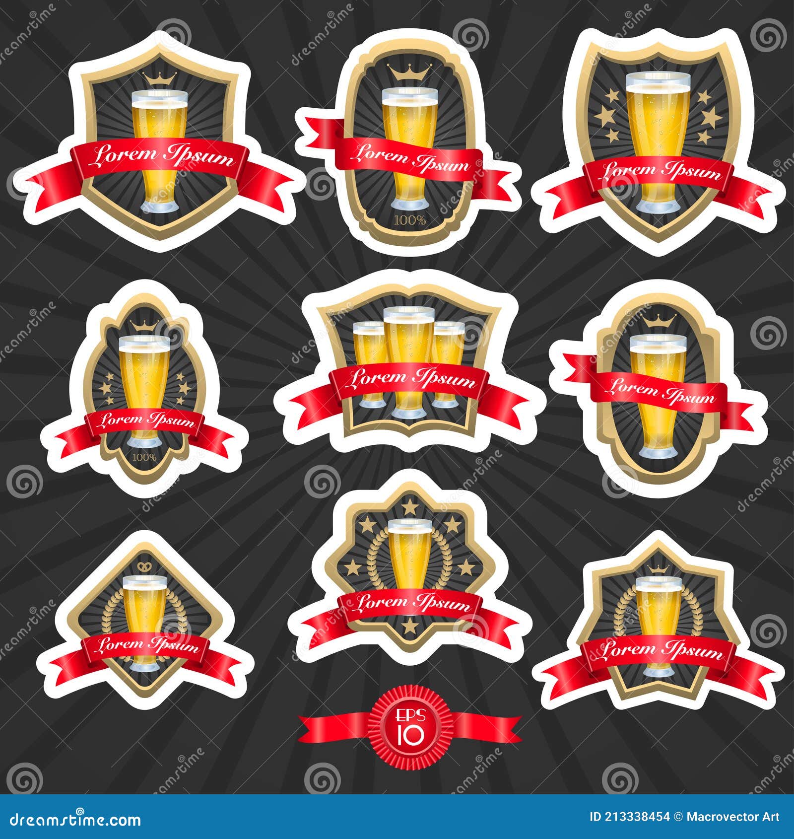 Set of Labels with Glasses Full of Beer and Decorative Ribbons Vector ...