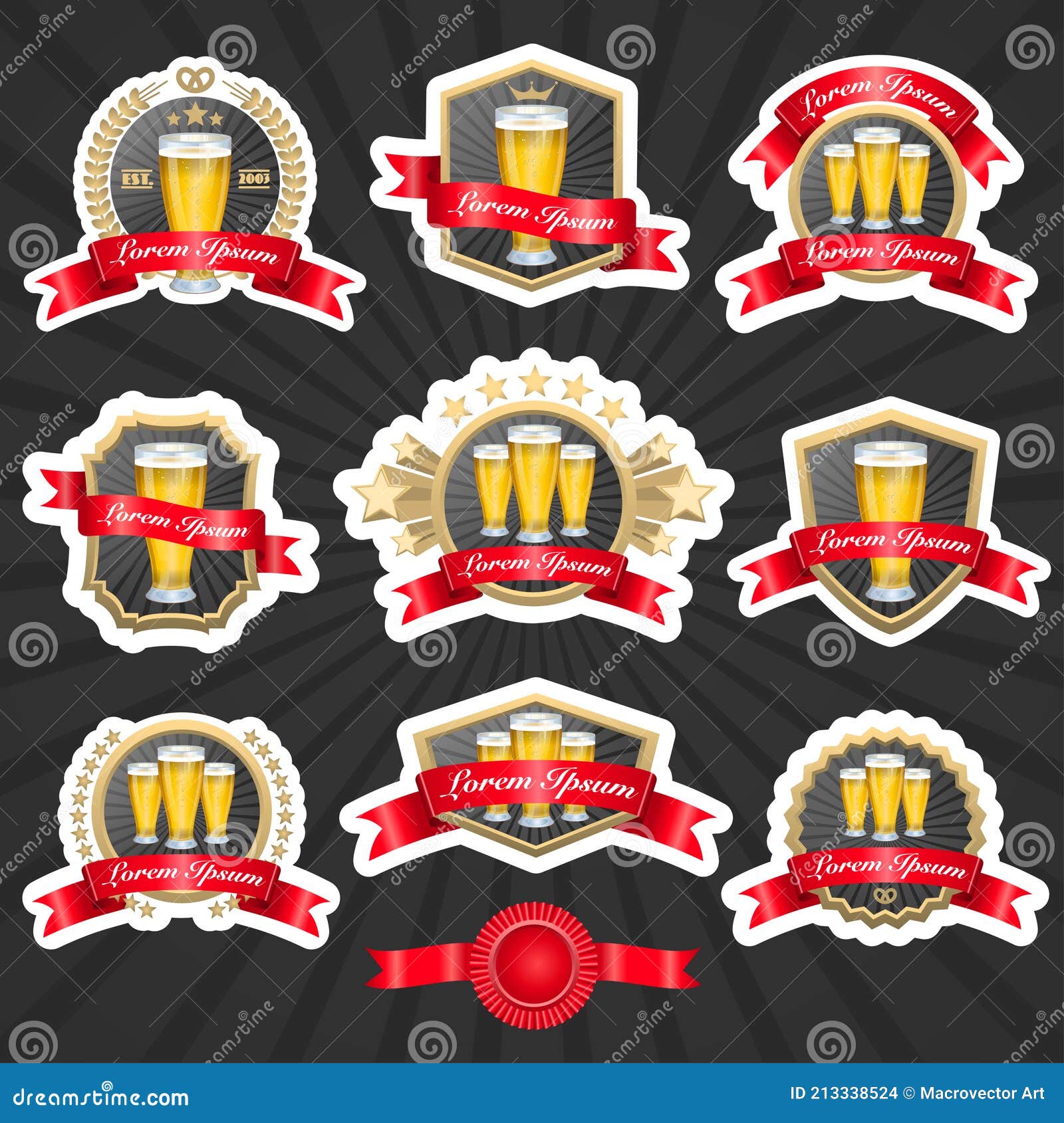 Set of Labels with Glasses Full of Beer and Decorative Ribbons ...