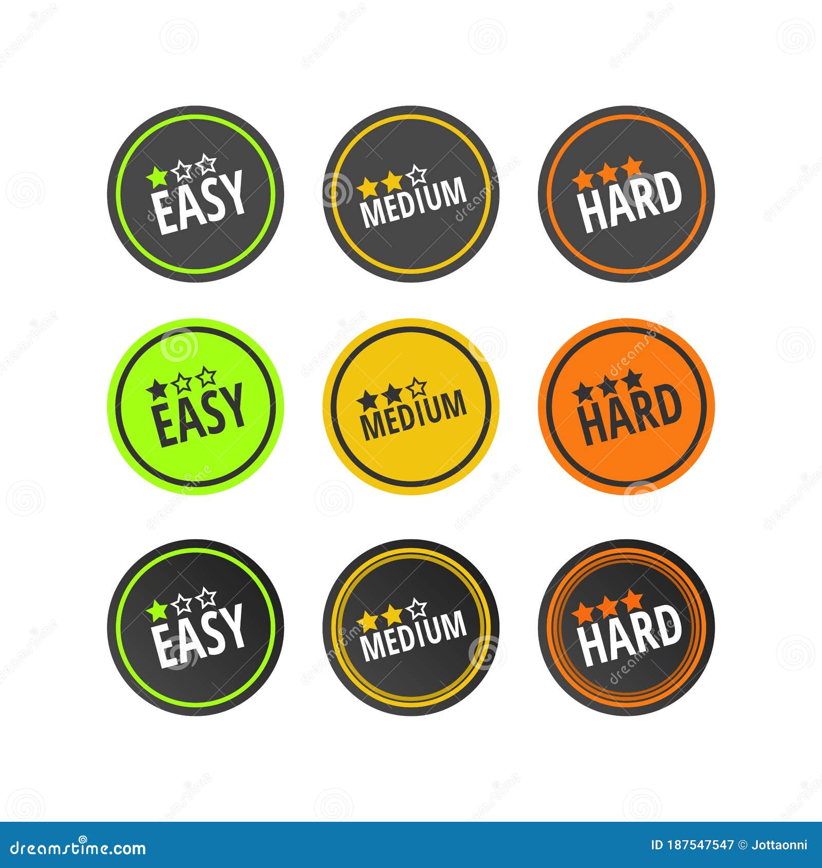 Set of Labels, Gradation of Levels. Easy, Medium, Hard. Three Options ...