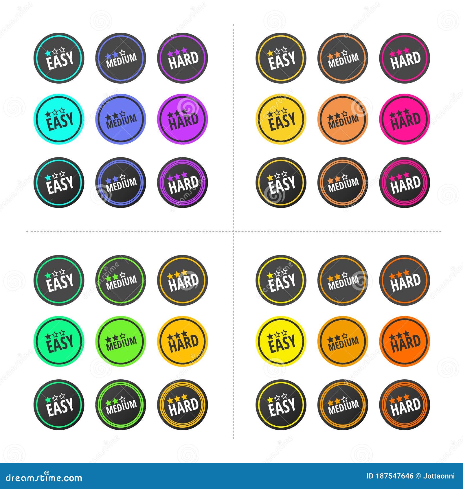 Set of Labels, Gradation of Levels. Easy, Medium, Hard. Three Options ...