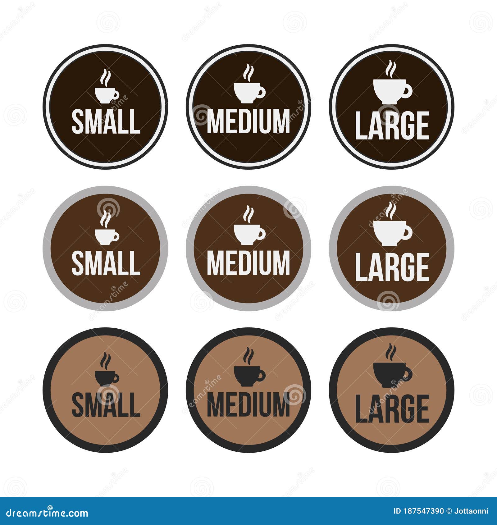 Set of Labels, Gradation of Size Cups of Coffee. Small, Medium, Large ...