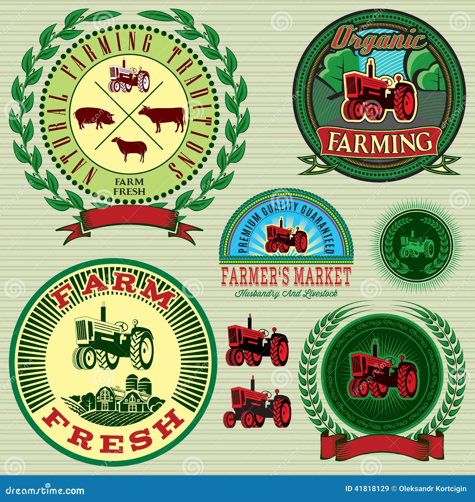 Set Of Labels With A Tractor For Livestock And Crop Vector Illustration ...