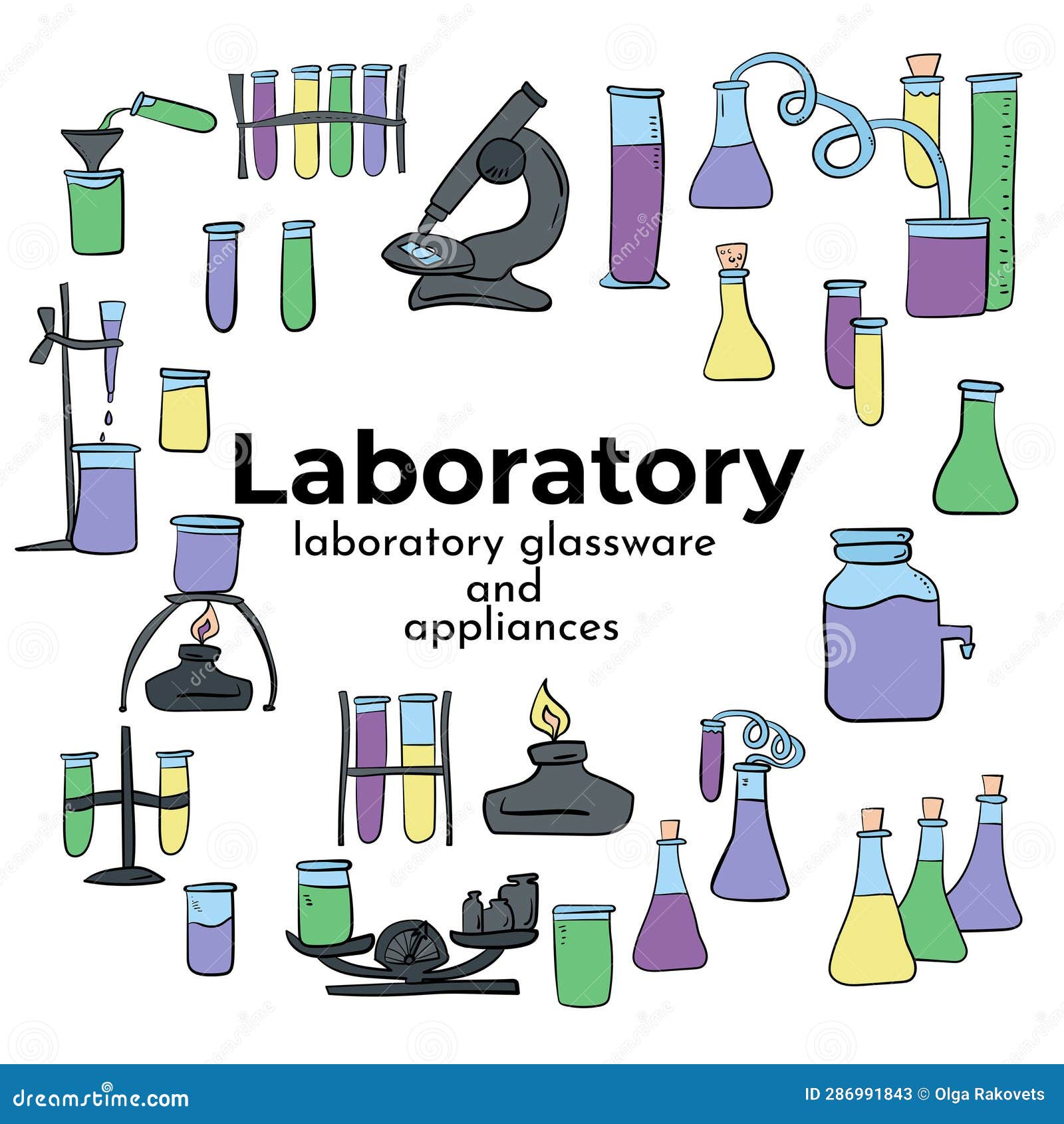 Set of Laboratory Elements in Doodle Style, Laboratory Glassware and ...