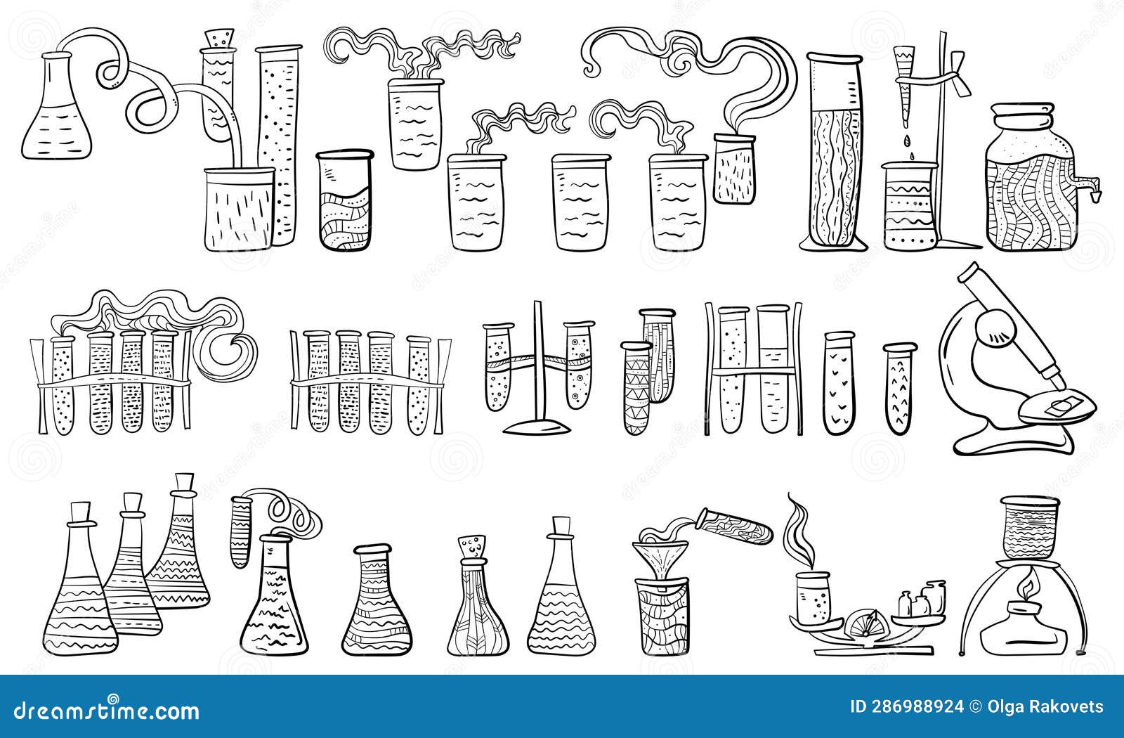 Set of Laboratory Elements in the Style of a Meditative Coloring Page ...
