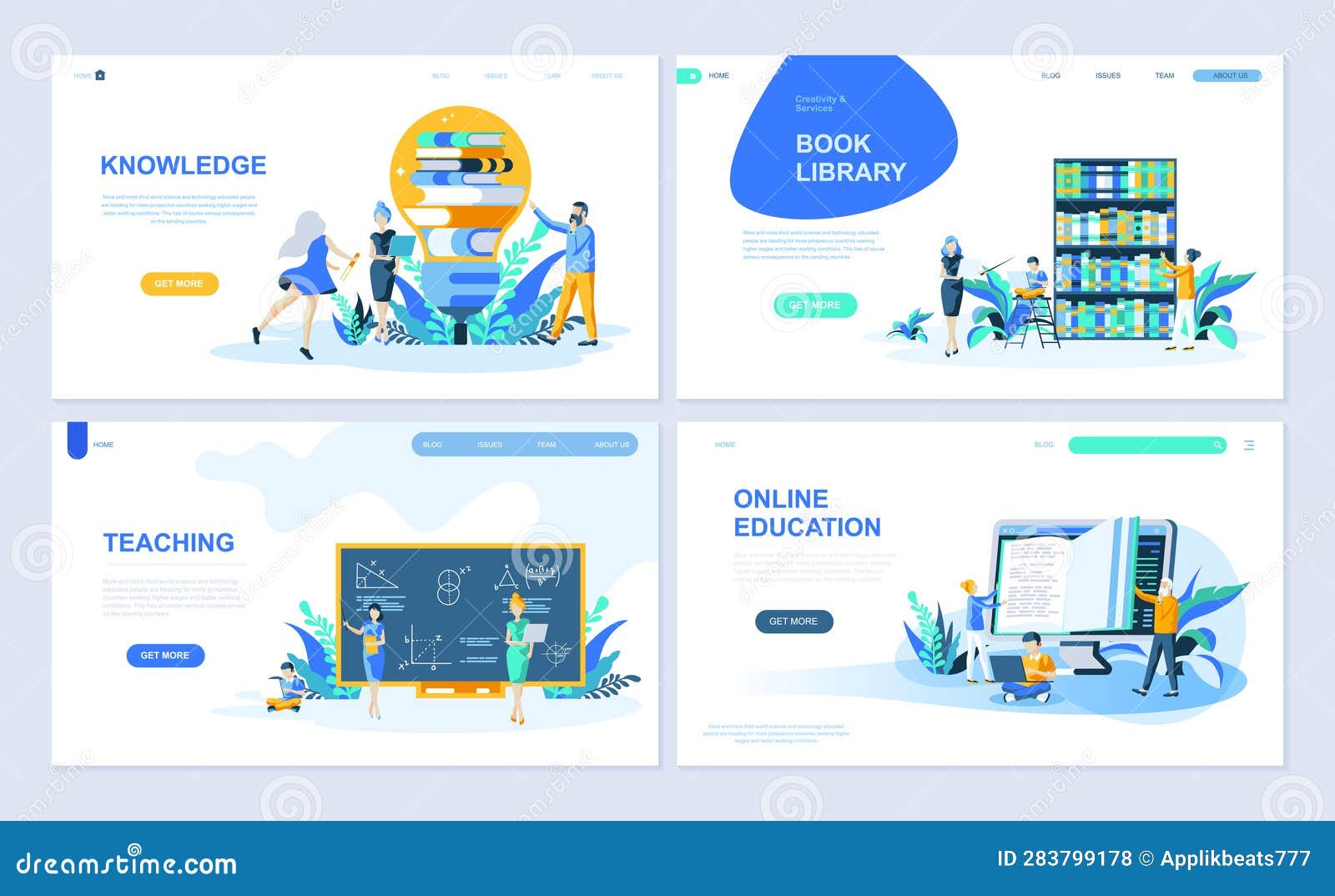 Set of Landing Page Template for Education, Knowledge, Book Library, Teaching. Modern Vector ...