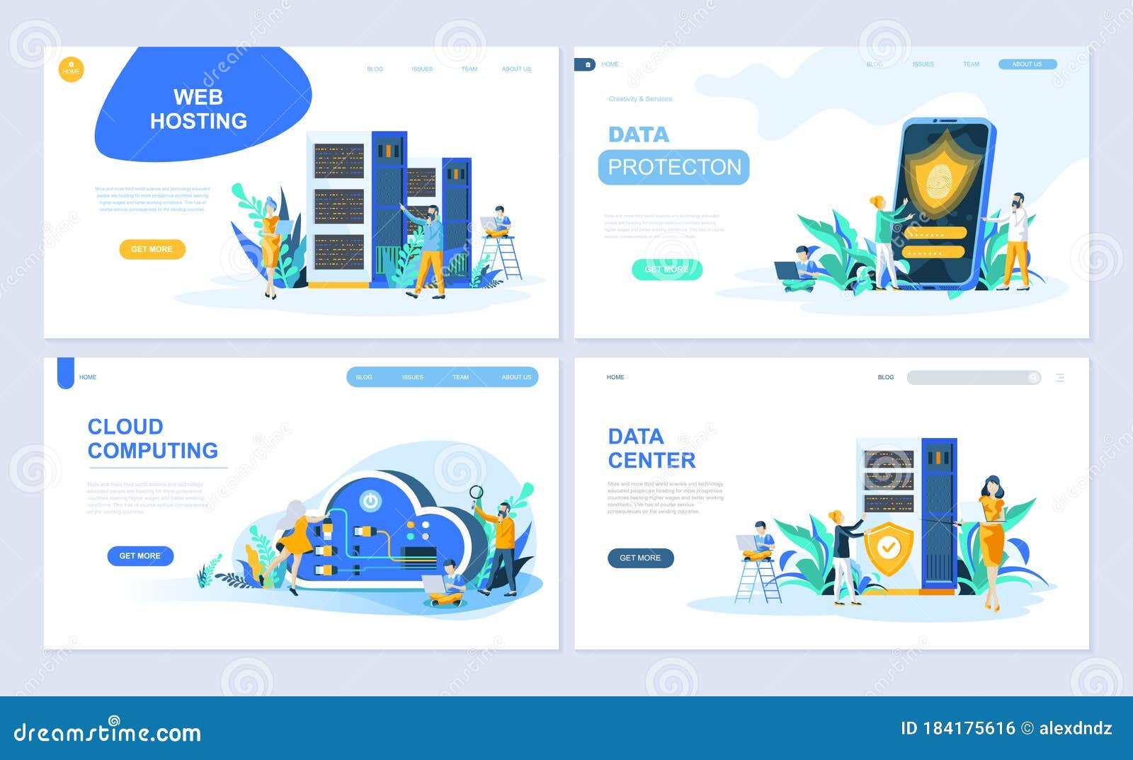 Set of Landing Page Template for Protection, Data Center, Cloud ...
