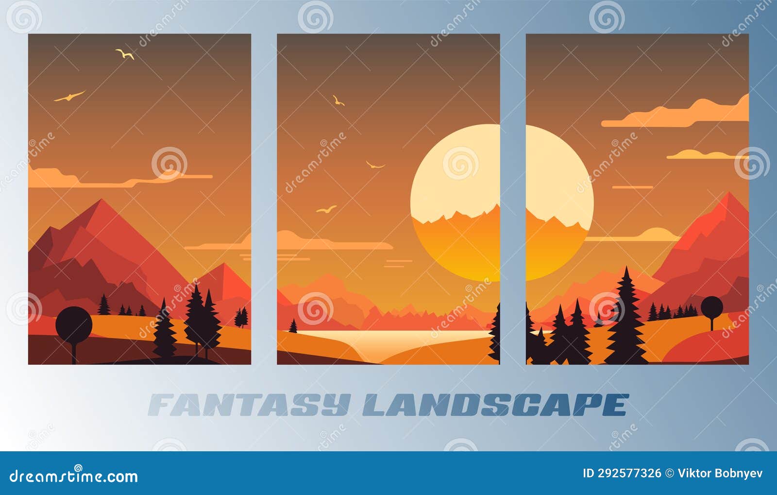 Set of Landscape Cartoon Design Posters with the Sun and Mountains ...