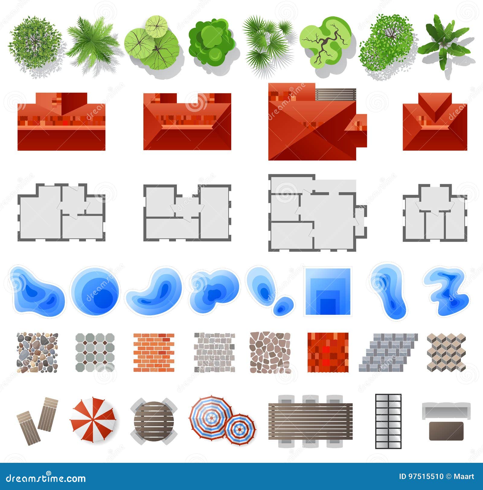 Set of Landscape Design Elements Stock Vector - Illustration of city ...