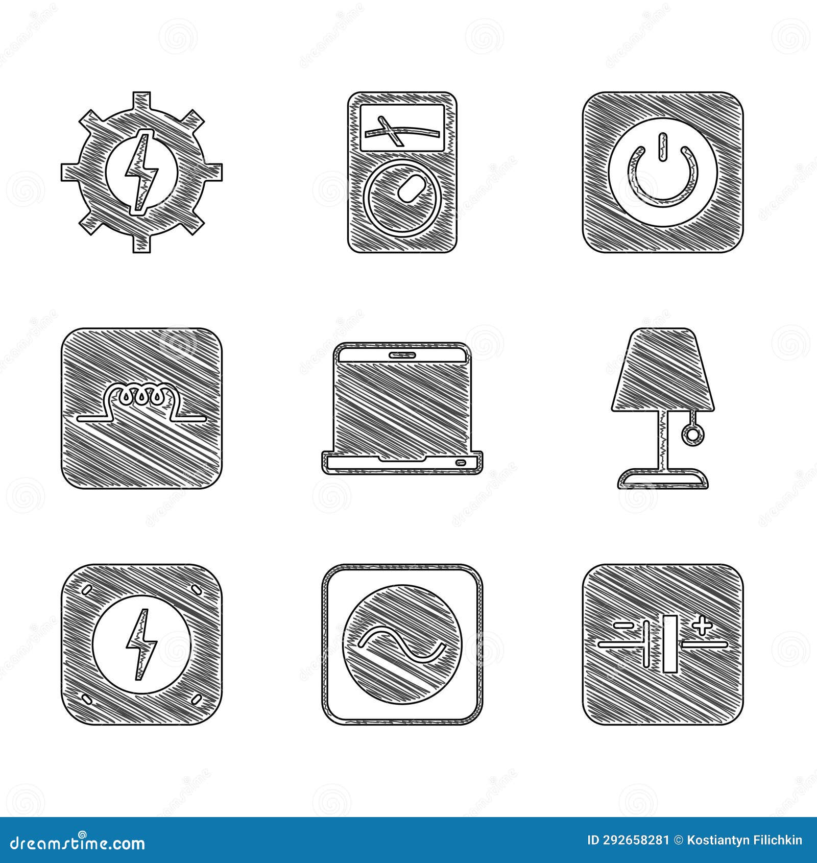 Set Laptop, AC Voltage Source, DC, Table Lamp, Lightning Bolt, Inductor ...