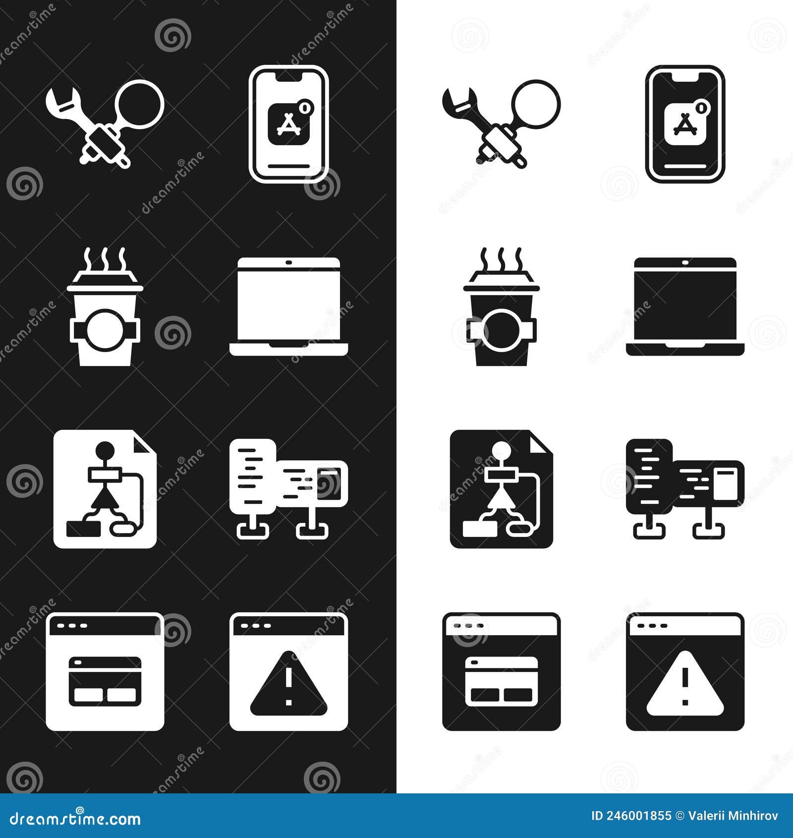 Set Laptop, Coffee Cup Go, Debugging, Mobile Apps, Flowchart, Computer Monitor Screen, Browser ...