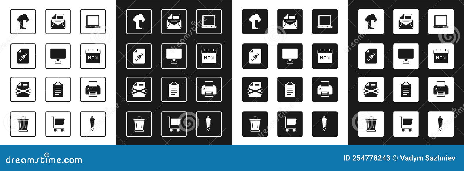 Set Laptop, Computer Monitor, Note Paper with Push Button, Cloud Database, Calendar, Mail and E ...