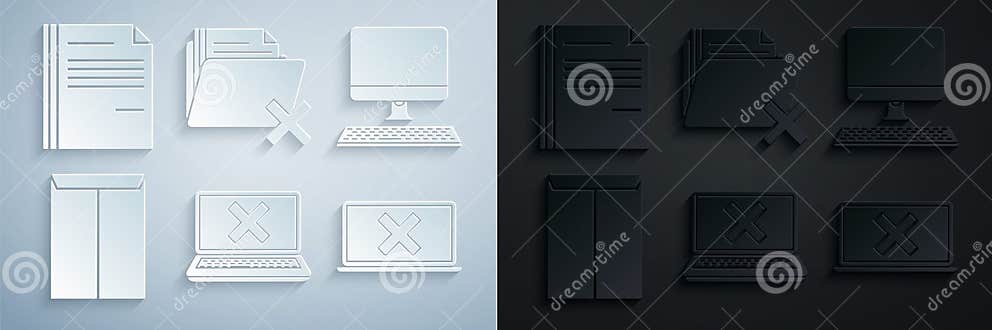 Set Laptop and Cross Mark on Screen, Computer Monitor with Keyboard, Envelope, Delete Folder and ...