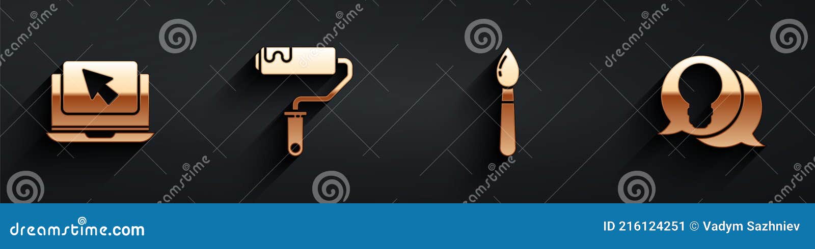 Set Laptop and Cursor, Paint Roller Brush, Paint Brush and Light Bulb ...