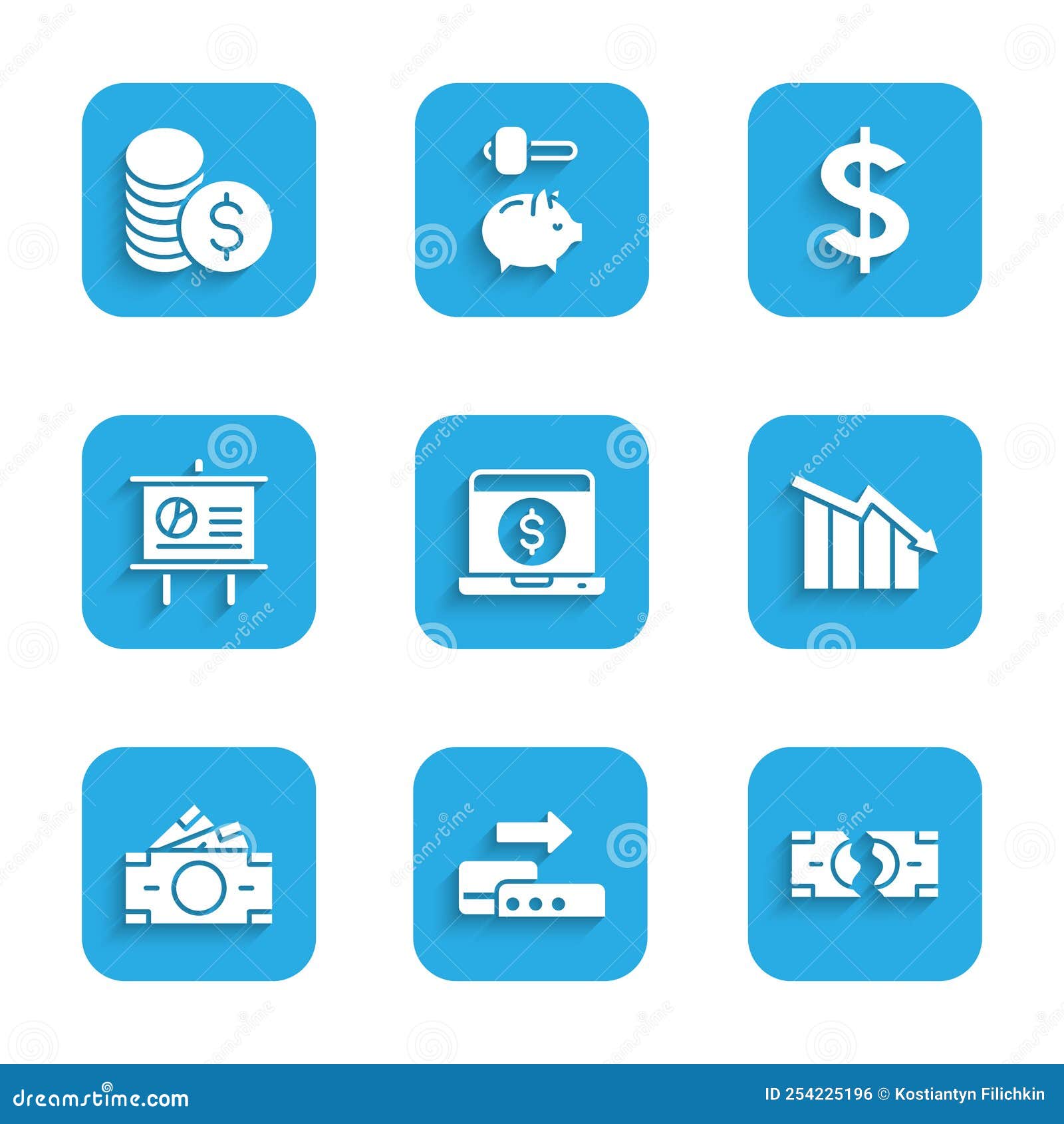 Set Laptop with Dollar, Pos Terminal, Tearing Money Banknote, Financial Growth Decrease, Stacks ...