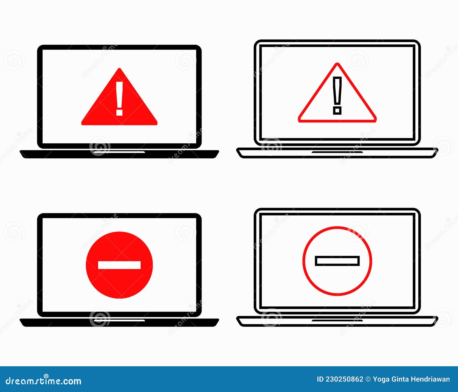 Set of Laptop with Exclamation Mark on the Display. Restricted and ...
