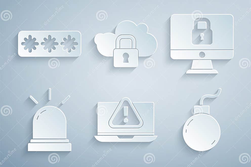 Set Laptop with Exclamation Mark, Lock Computer Monitor, Motion Sensor ...