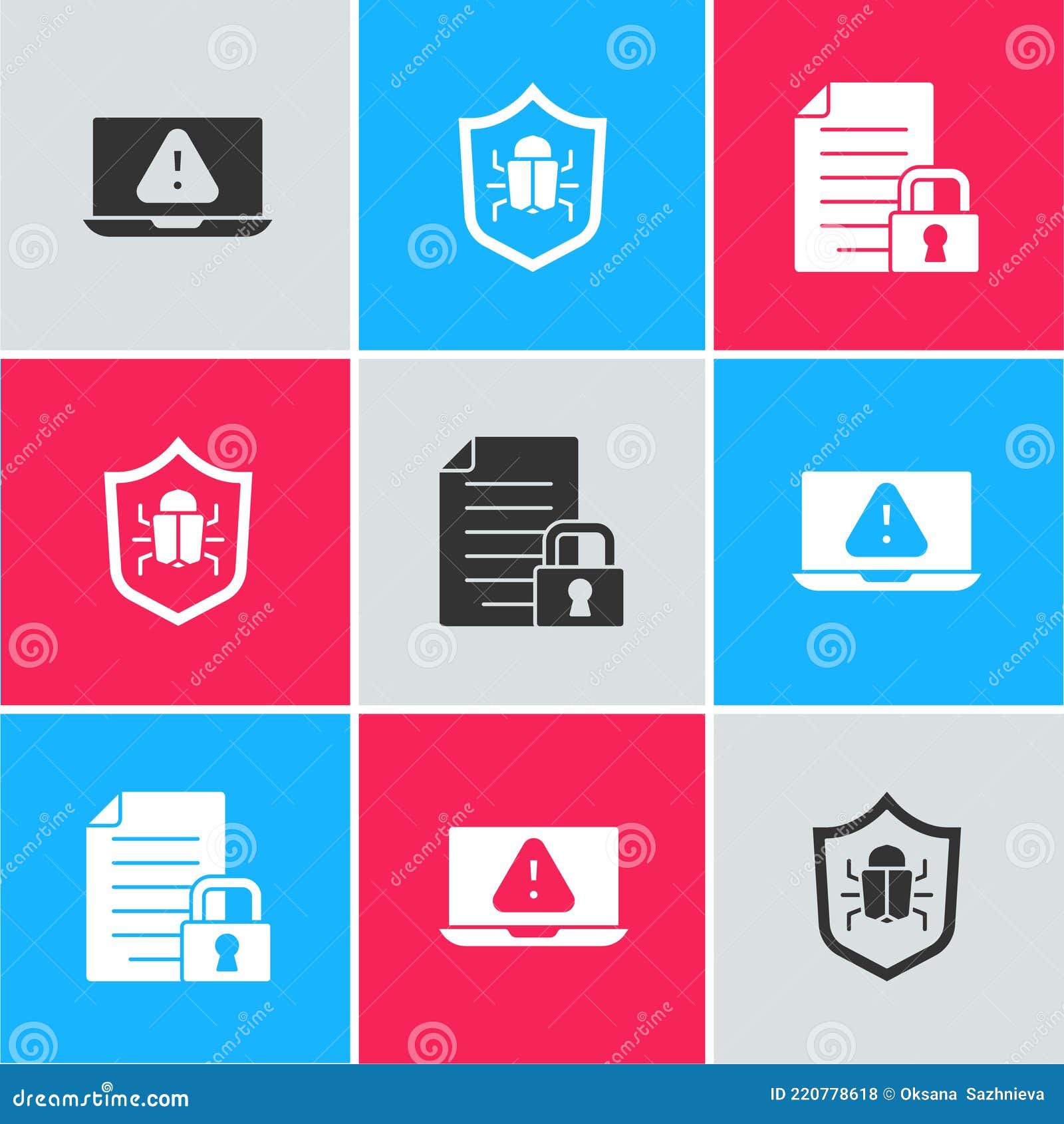 Set Laptop With Exclamation Mark System Bug And Document And Lock Icon Vector Stock Vector
