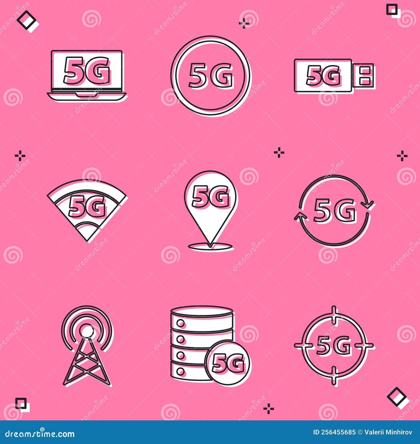 Set Laptop with 5G Network, Modem, Location, Antenna and Server Icon ...