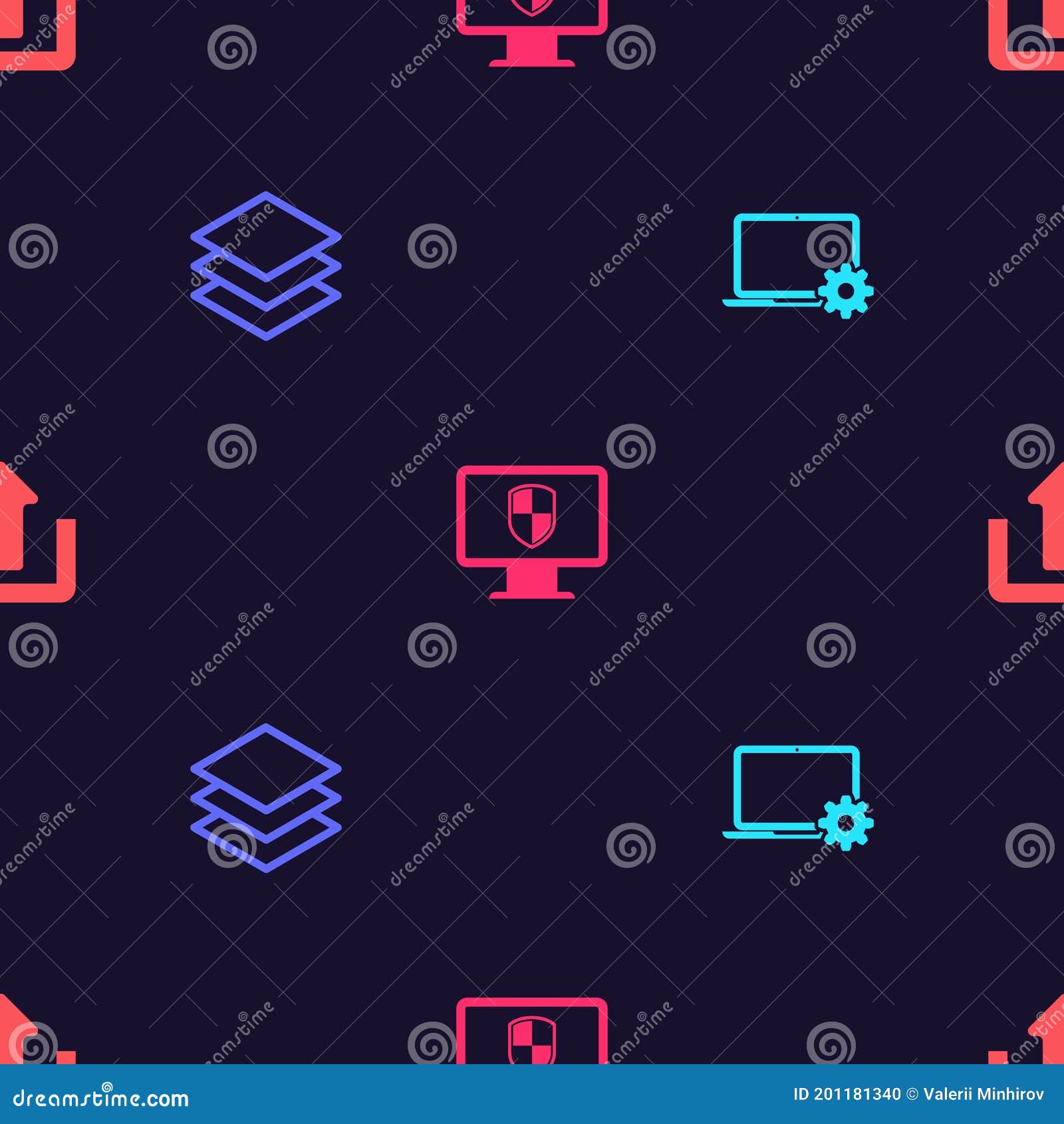 Set Laptop and Gear, Layers, Monitor Shield and Upload on Seamless ...