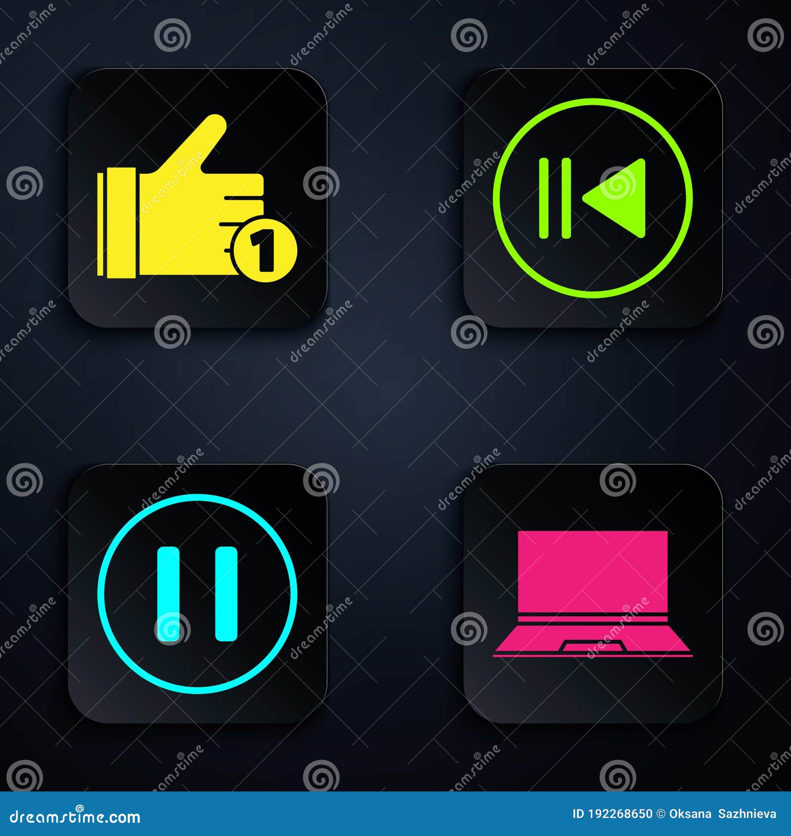 Set Laptop, Hand Like, Pause Button and Rewind. Black Square Button ...