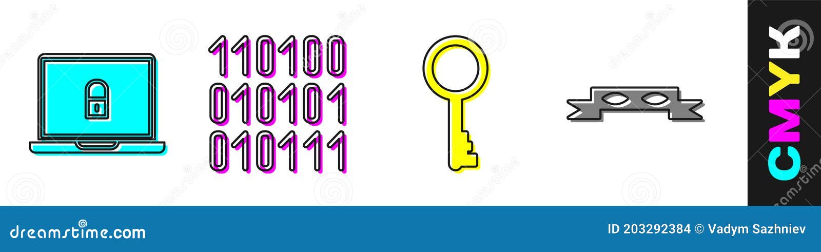 Set Laptop and Lock, Binary Code, Old Key and Thief Eye Mask Icon ... Set Laptop and Lock, Binary Code, Old Key and Thief Eye Mask Icon ...