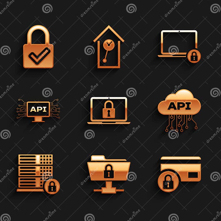 Set Laptop and Lock, FTP Folder, Credit Card with, Cloud Api Interface, Server Security and ...