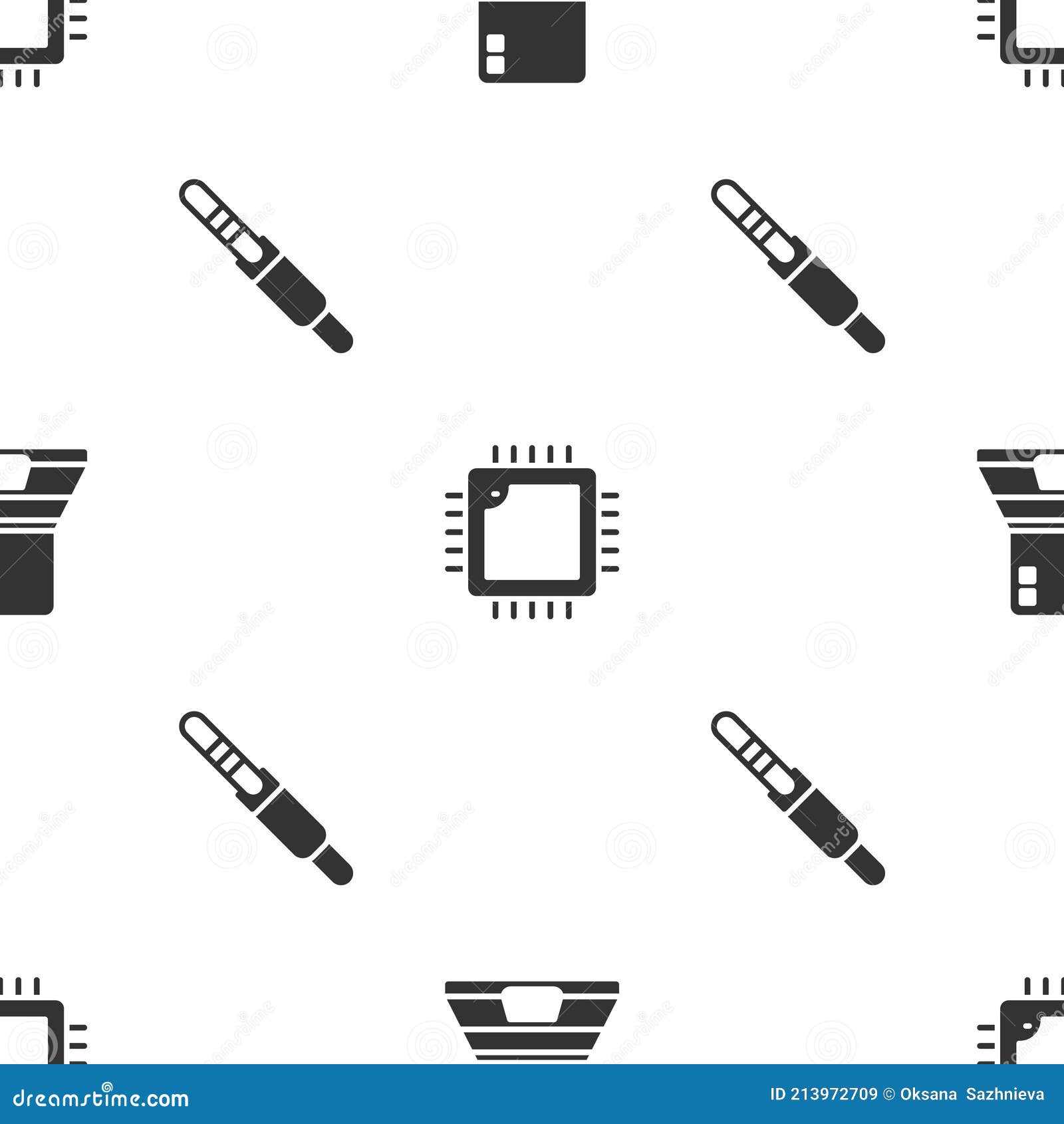 Set Laptop, Processor with CPU and Audio Jack on Seamless Pattern ...