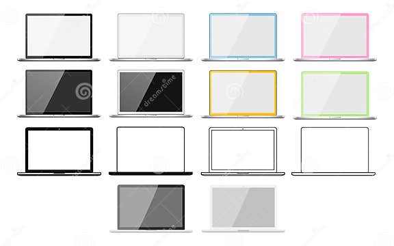 Set of Laptops Made in Different Styles: Realistic, Flat, Linear Icon ...